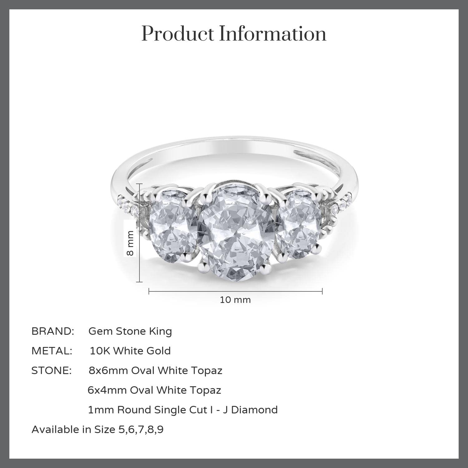 Gem Stone King 10K White Gold White Topaz and Diamond Accent 3-Stone Engagement Ring For Women (2.35 Cttw) (Size 8)