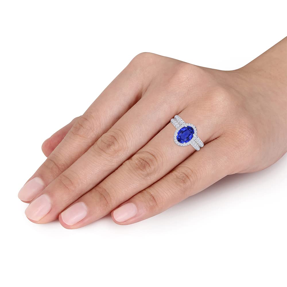 GEMVIO Collection 8X6MM Oval Cut Lab Created Blue Sapphire Gemstone & Natural Diamond Halo Bridal Set Engagement Ring In 14K White Gold Over Sterling Silver Anniversary Wedding Ring (1.40 Cttw)-9