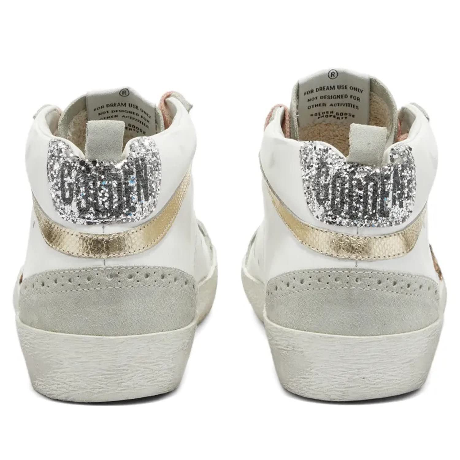 Golden Goose Mid Star Leather Upper Suede Toe and Spur Mini Leo Star Mini Viper Print Wave Glitter Heel Womens Distressed Sneakers - 38 White