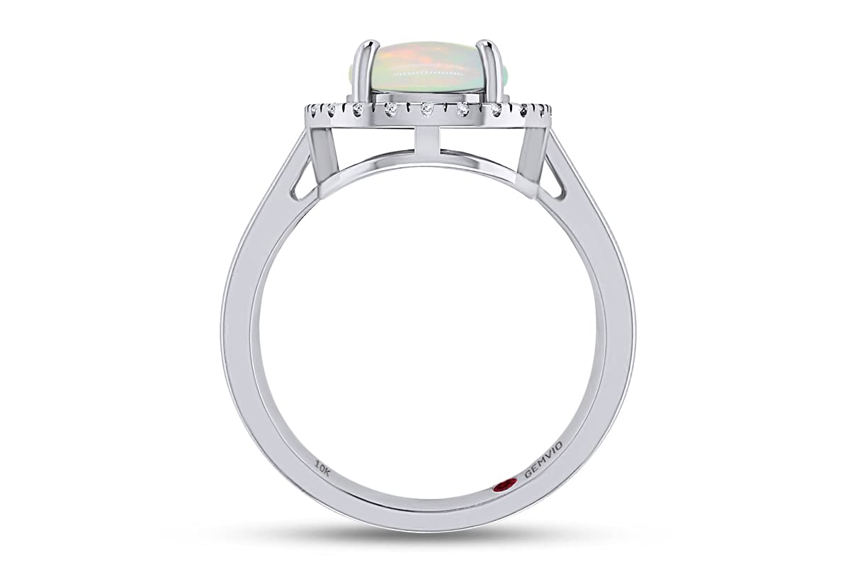 GEMVIO Collection 6MM Round Natural White Opal Gemstone & Natural Diamond Frame in 10K Solid White Gold Halo Engagement Bridal Wedding Band Ring (0.85 Cttw) Size-6