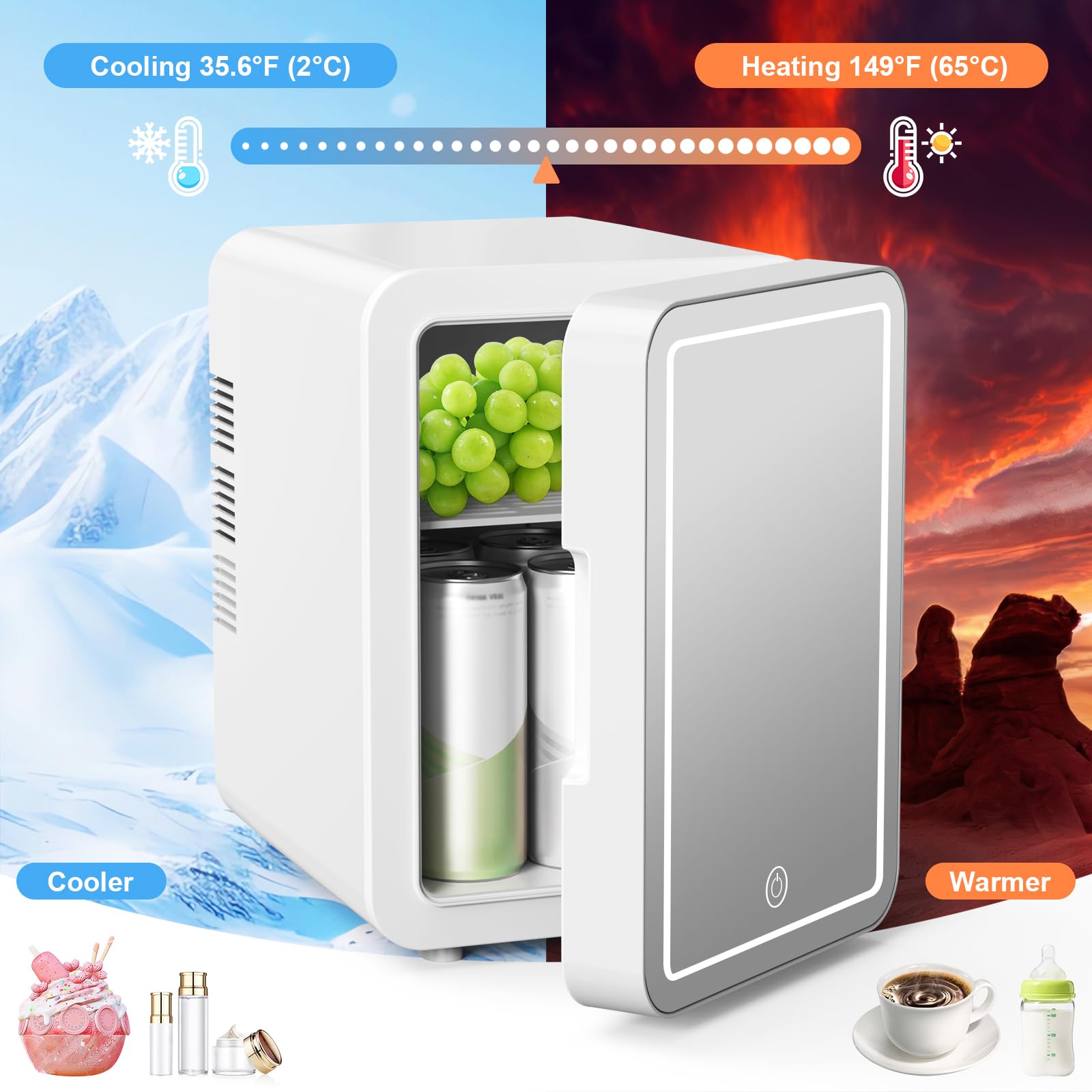 YDHZ Mini Fridge for Bedroom, Small Refrigerator Skincare Fridge With Dimmable LED Light Mirror 4L Makeup Mini Fridge Cooler & Warmer Compact Refrigerator for Cosmetics Drinks Mini Skin Care Fridge