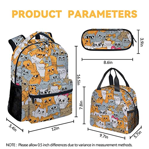 XaocNyx Cat Backpack with Lunch Box and Pencil Case Set, 3 in 1 Matching Girls Boys Colorful Backpacks Combo, Cute Bookbag and Pencil Case Bundle