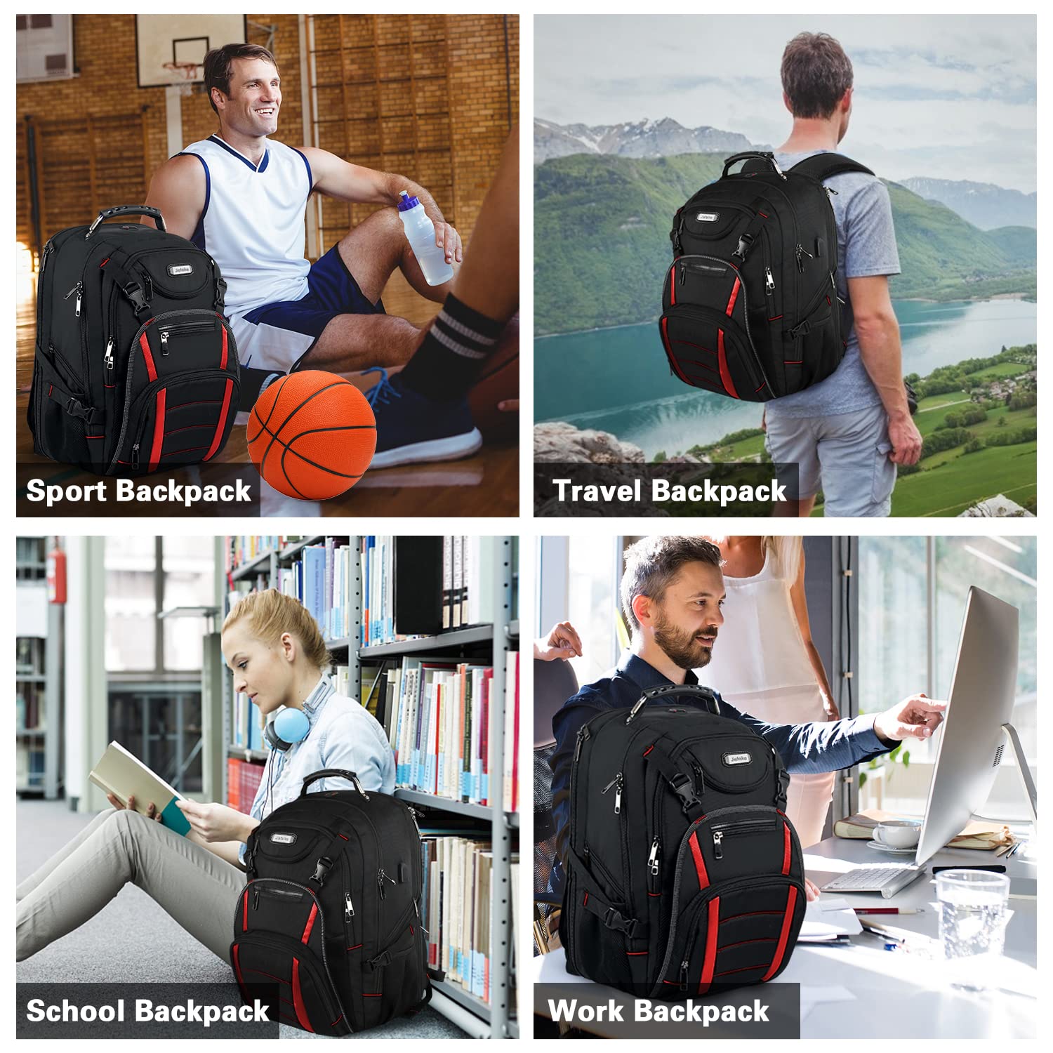 Jiefeike Travel Laptop Backpack, Extra Large Bookbag for Men School College Student Women,Basketball Backpack Fits 17 Inch Computer Notebook with USB Charging Port RFID Anti Theft TSA Approved