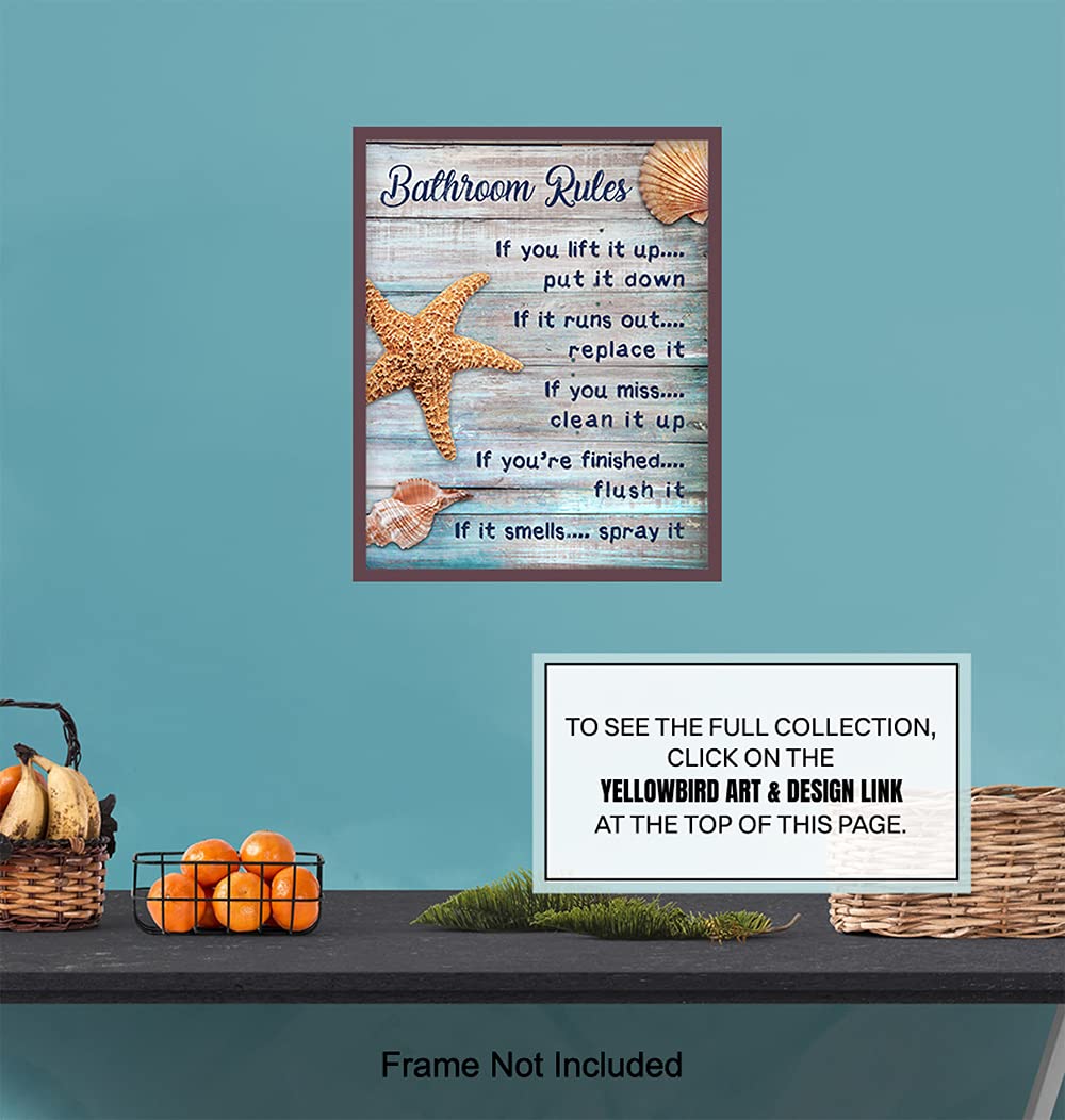 Nautical Rustic Bathroom Decor - LARGE 11x14 - Coastal Beach House Bathroom Rules Wall Art - Starfish, Seashells Restroom Sign, Bath Art - Ocean, Sea House Powder Room Art - Shabby Chic Gift