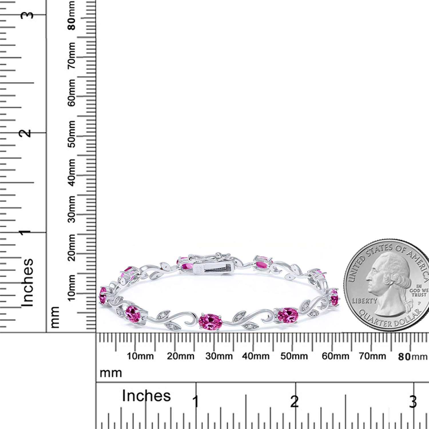 Gem Stone King 925 Sterling Silver Pink Created Sapphire and Diamond Greek Vine Tennis Bracelet For Women (4.63 Cttw, 7 Inch, Oval 6X4MM)