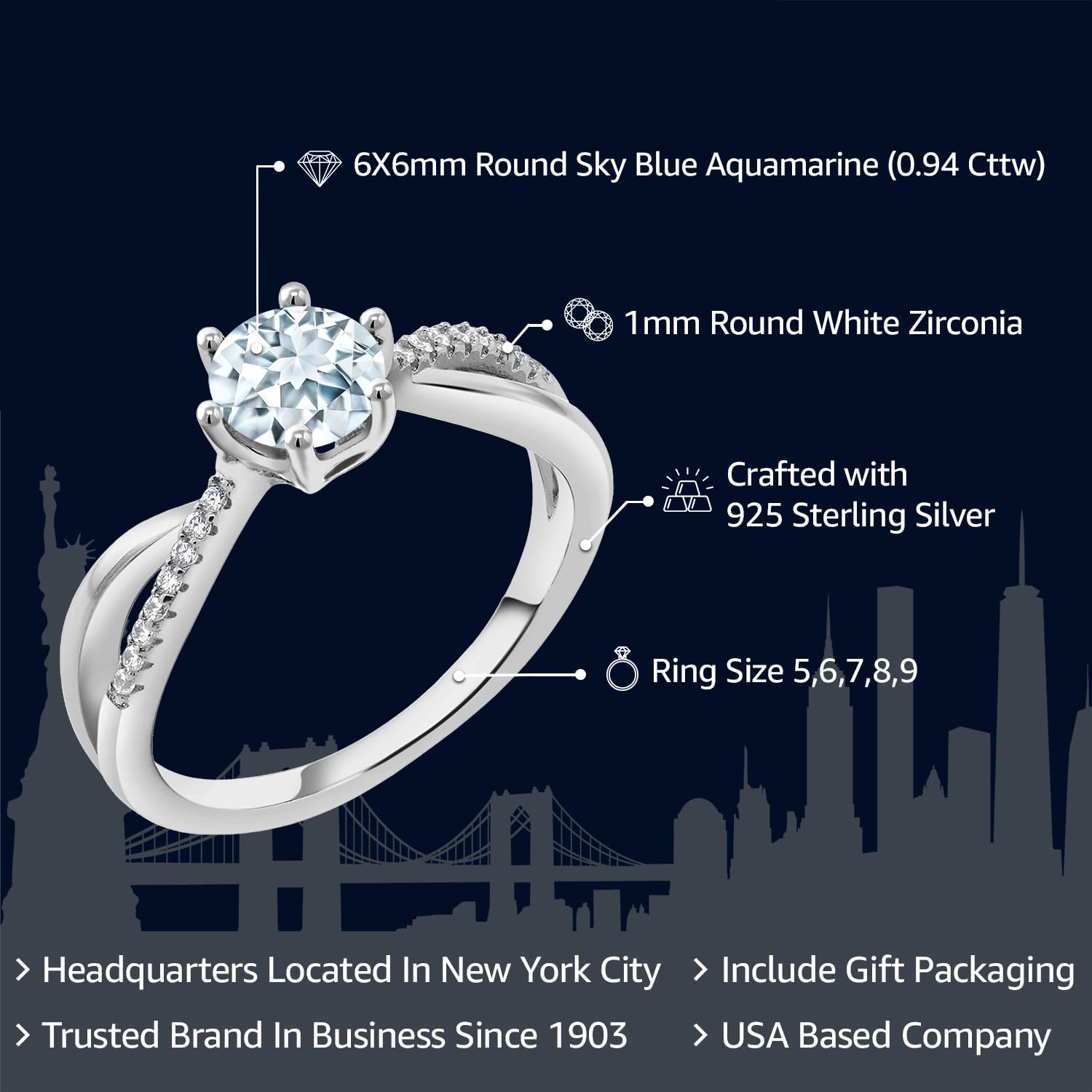 Gem Stone King 925 Sterling Silver Gemstone Birthstone Infinity Ring | Round 6MM | Wedding Engagement Anniversary Promise Ring For Women | Available In Size 5, 6, 7, 8, 9