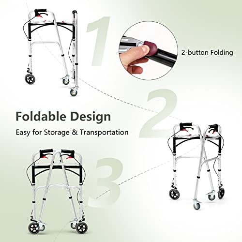 Goplus Walkers for Seniors, 4-in-1 Folding Walker with 5ββ Wheels, Detachable Seat, Height Adjustable Stand Up Walker, Medical Walking Mobility Aid, 350lbs Rolling Walker for Adult Bariatric Handicap