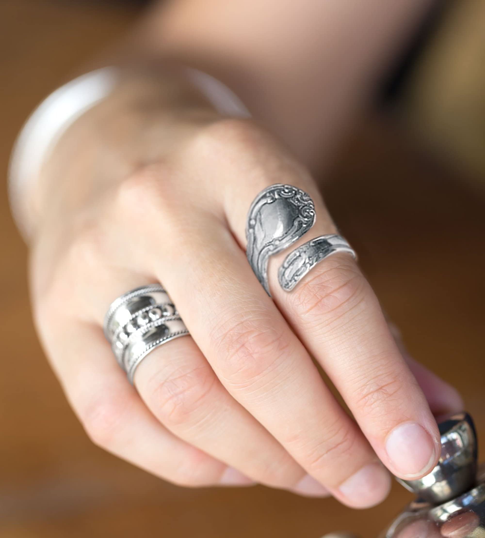 IVY & BAUBLE Oxidized Sterling Silver Spoon Ring for Women | One Size Adjustable Wrap Ring | Gifts for Her | Hand Made in USA