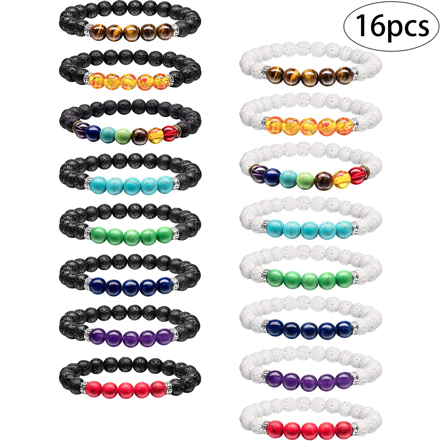 Hicarer 16 Pieces Men Women 8mm Lava Rock Bracelets 7 Chakra Aromatherapy Essential Oil Diffuser Bangle Natural Stone Beads Bracelet