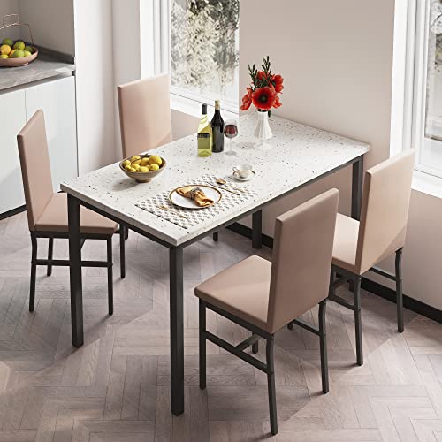 UFINEGO 5-Piece Kitchen Table Set with Imitation Faux Marble Top and Faux Leather Upholstery Chairs Elegant and Versatile 5-Piece Dining Set for Kitchen