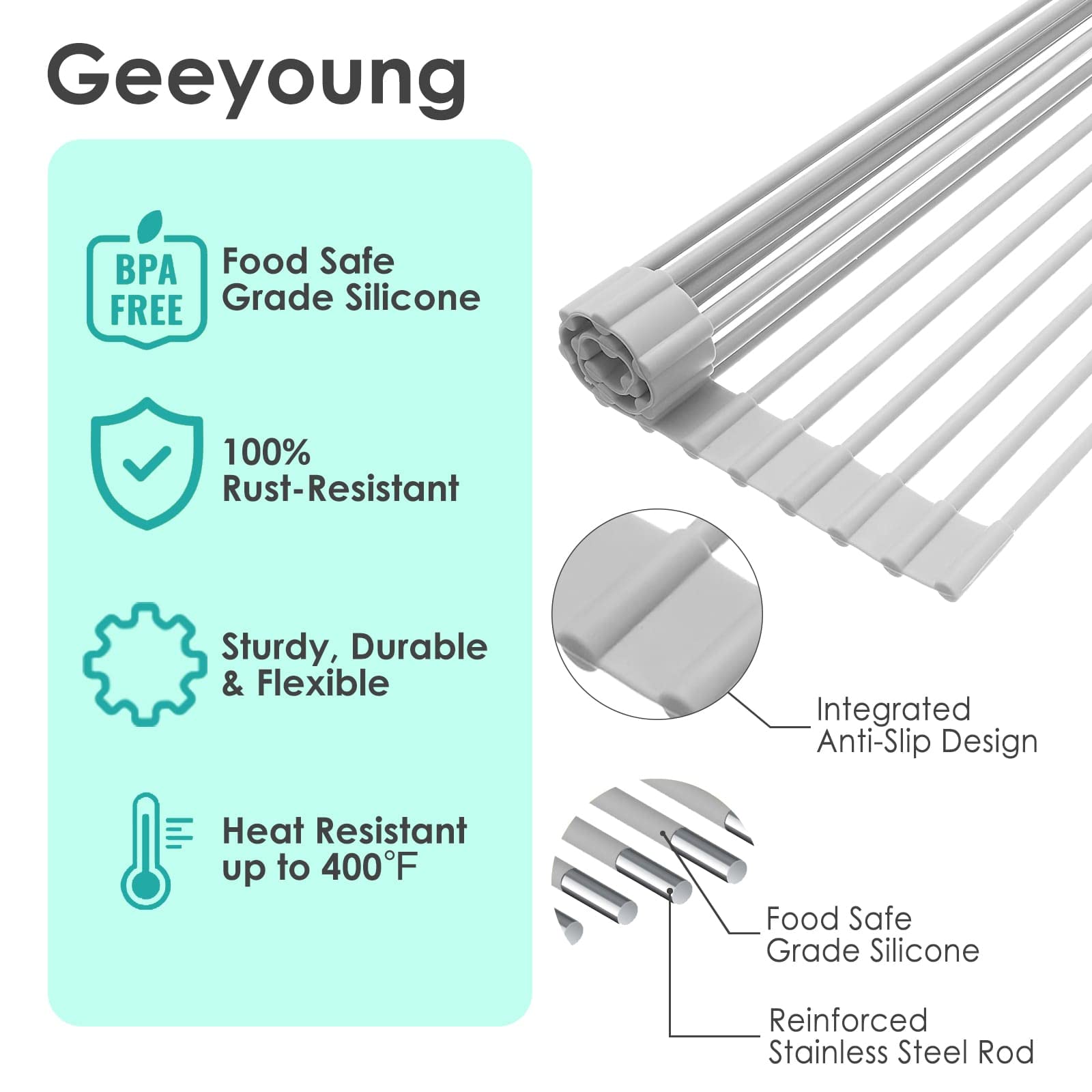 Geeyoung 17" x 13" Over The Sink Roll Up Dish Drying Rack - Food Safe Grade Silicone Wrapped Stainless Steel Dish Dying Rack - Foldable Roll Up Sink Drying Rack (Gray)