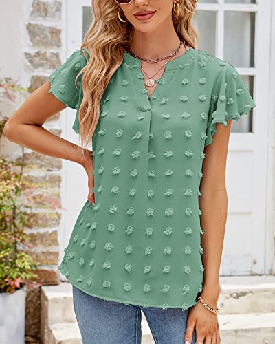 Womens Summer Casual V Neck Tops Ruffle Short Sleeve Tunic Swiss Dot Dressy Flowy Blouses Shirts 2023 Light Green