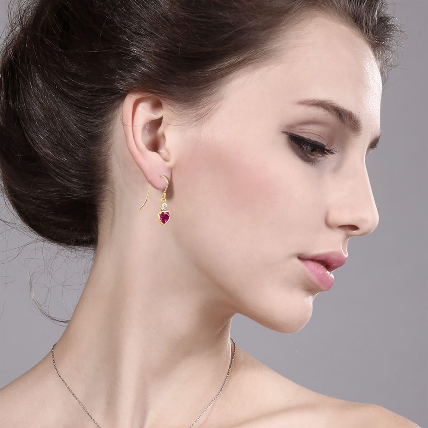 Gem Stone King 14K Yellow Gold Red Created Ruby and White Zirconia Drop French Wire Earrings For Women (1.42 Cttw, Gemstone July Birthstone, Heart Shape 5MM, Round 3MM)