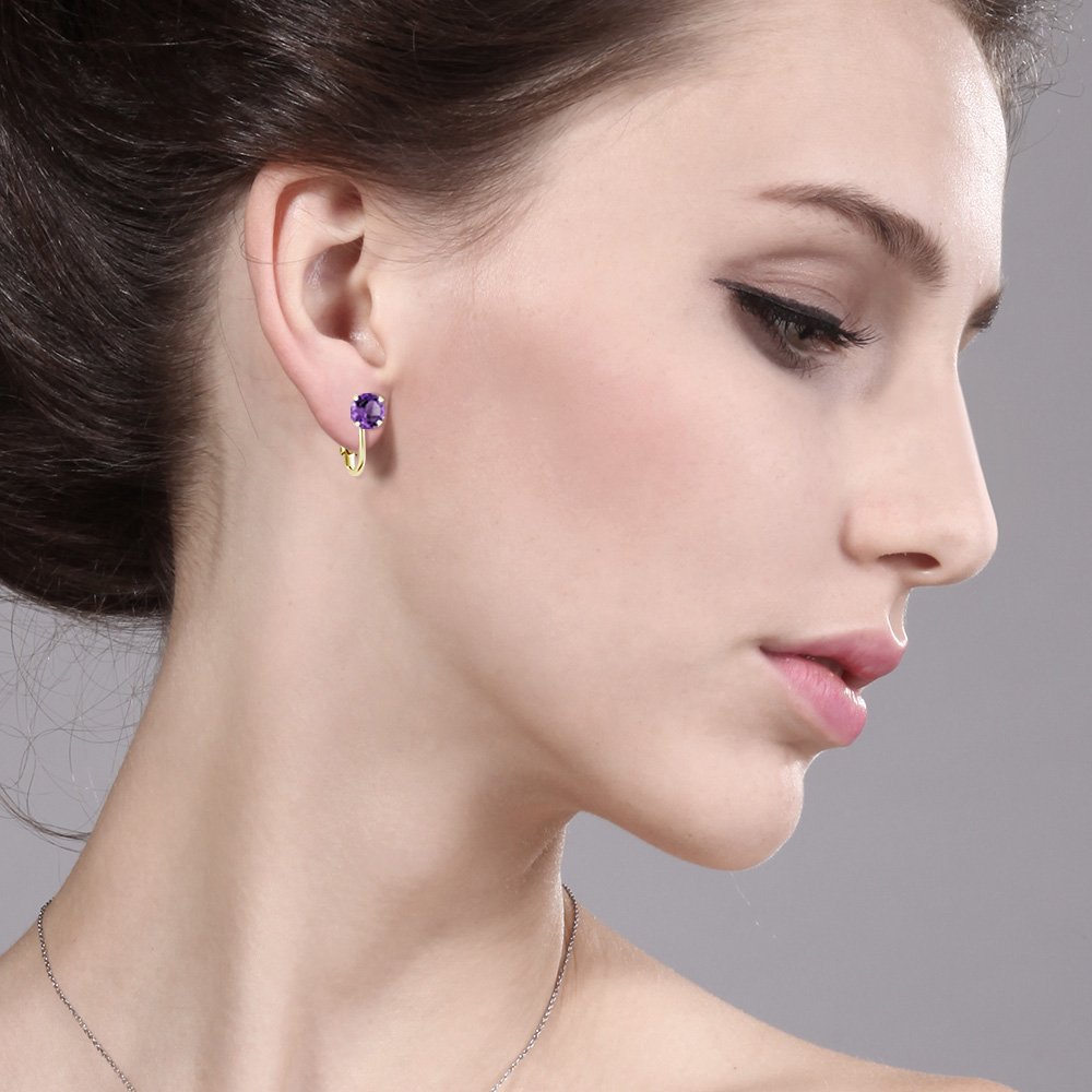 Gem Stone King 1.50 Ct Round Purple Amethyst 18K Yellow Gold Plated Silver Clip On Earrings For Women