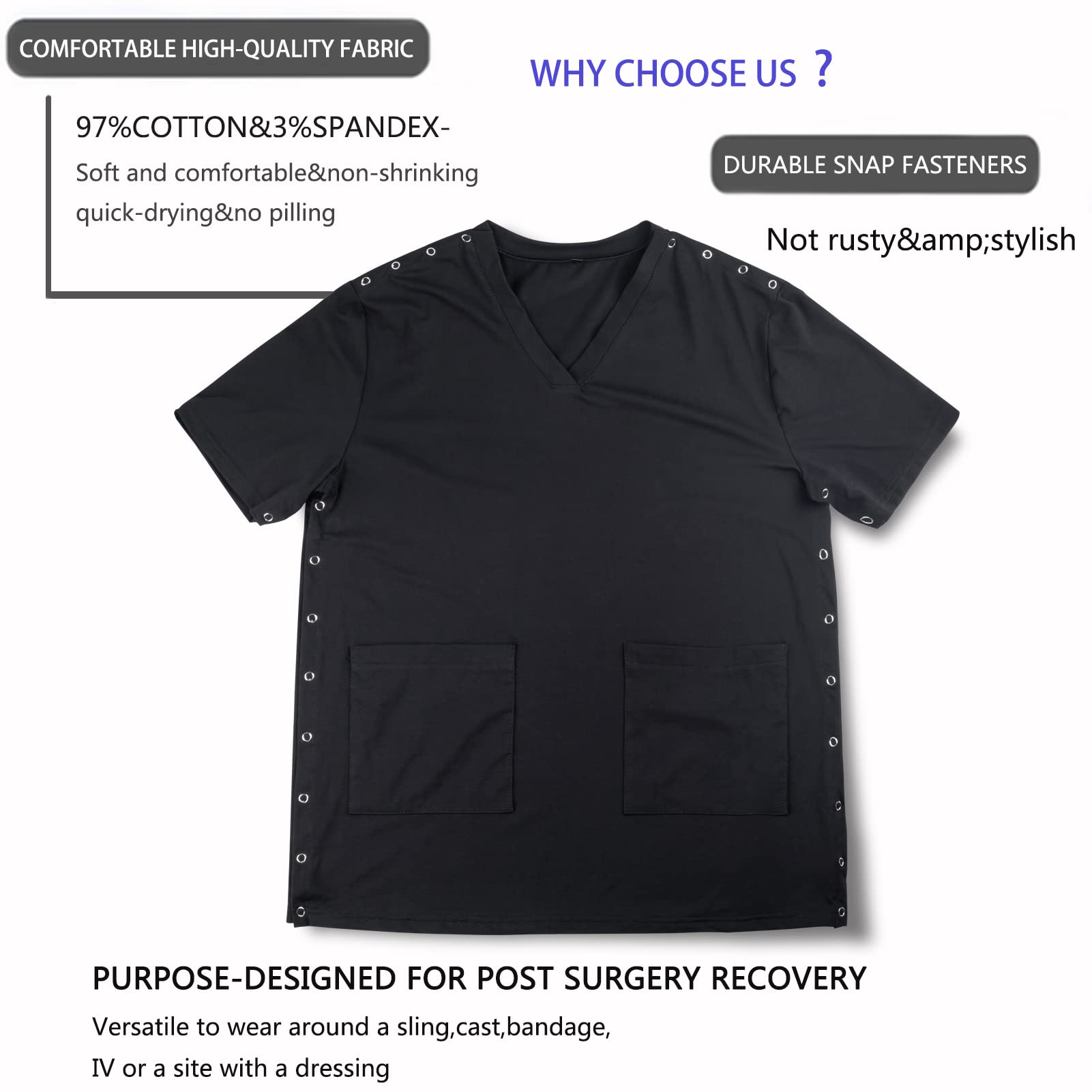 Jacobable 2 pockets Uni-Sex Post Shoulder Surgery Shirt & Rehab Shirt with Stick On Fasteners, convenient and quick (XX-Large, Black)