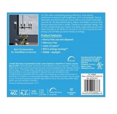 GE Daylight 40W Replacement LED Light Bulbs Decorative Bent Tip White Candelabra Base CAC (4 Pack)