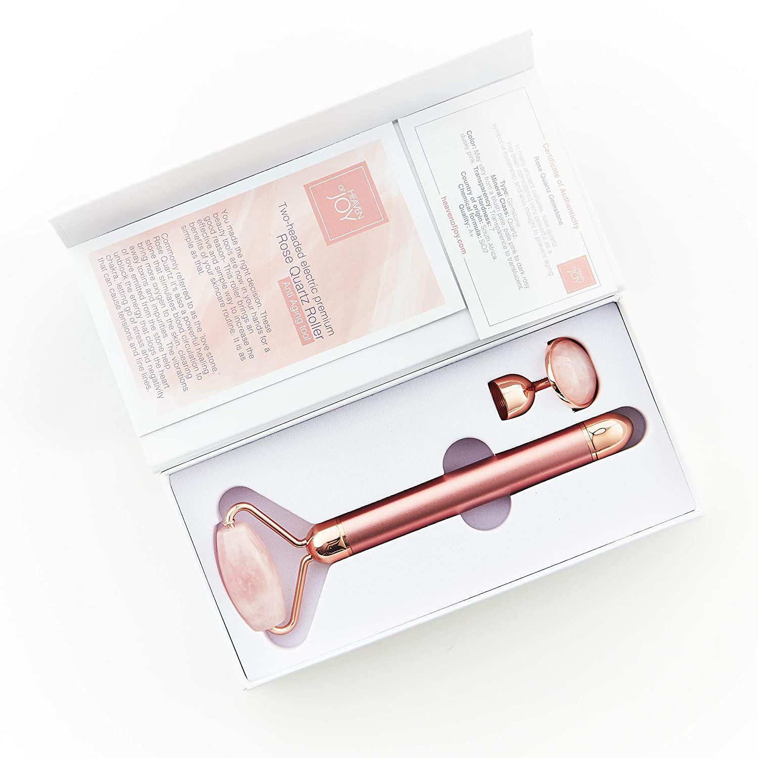 Heaven of Joy Authentic Premium Electric Rose Quartz Roller and Anti-Aging Gua Sha Set, Beauty Massager Tool for Deep Massages and Skin Rejuvenation