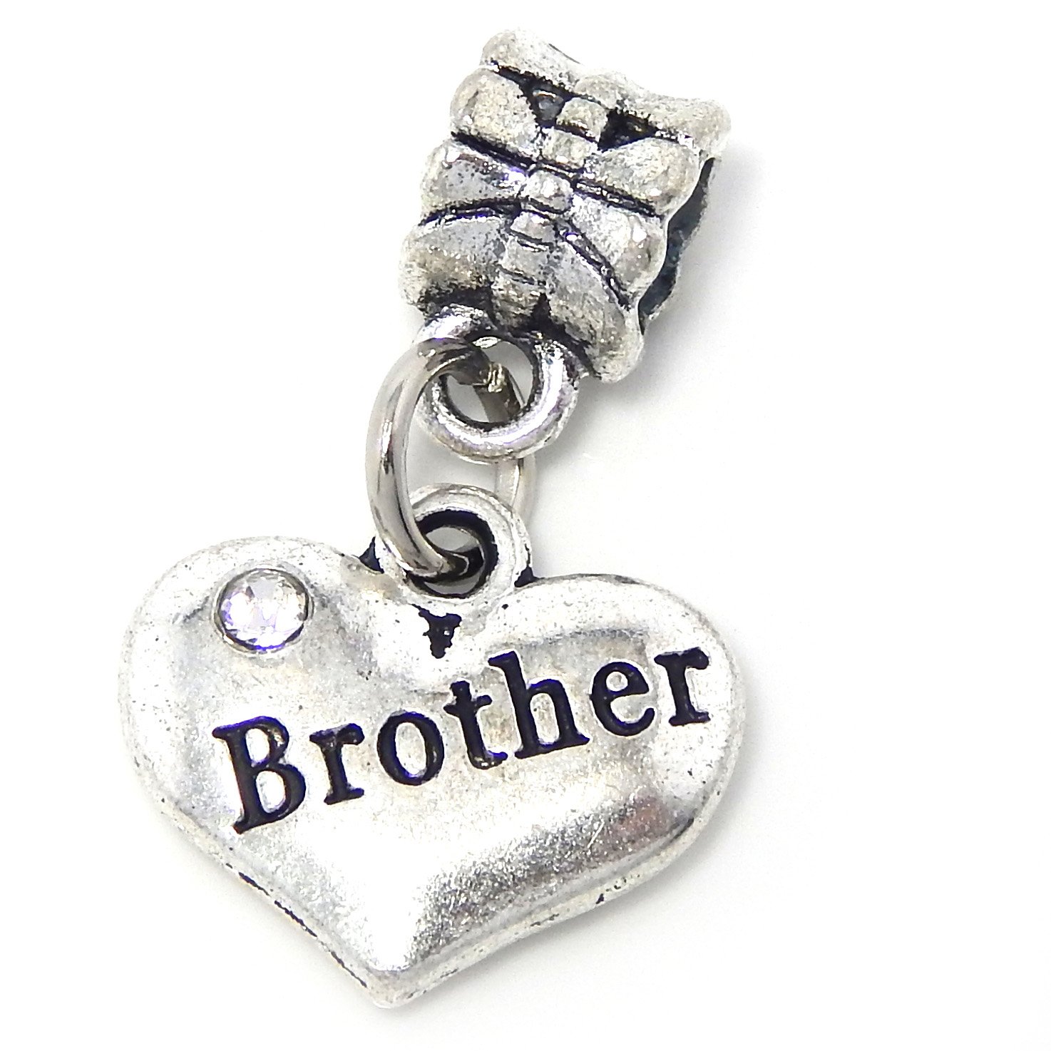 GemStorm Silver Plated Dangling Brother Heart w/Crystal for European Snake Chain Bracelets