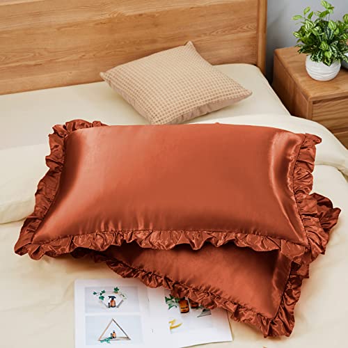 SiinvdaBZX Ruffled Queen Satin Pillowcase Set of 2, Burnt Orange Silky Satin Pillow Cases for Women Ruffle Pillow Shams Covers Princess Room Decoration, with Envelope Closure