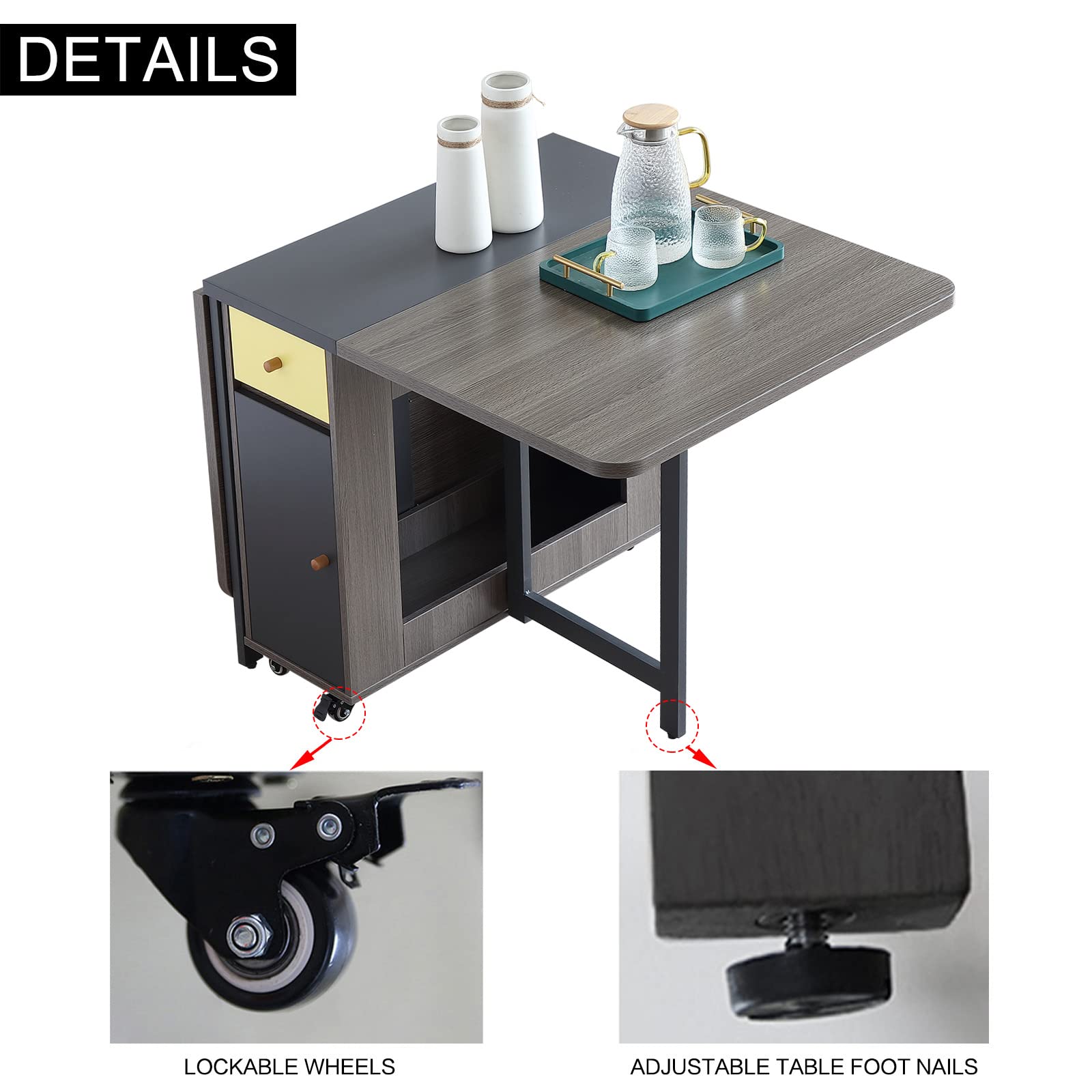 FUNROLUX Folding Dining Table and 2 Pack Folding Chairs Set Grey Extendable Dining Table with Storage Rack and 2 Drawers for Small Spaces