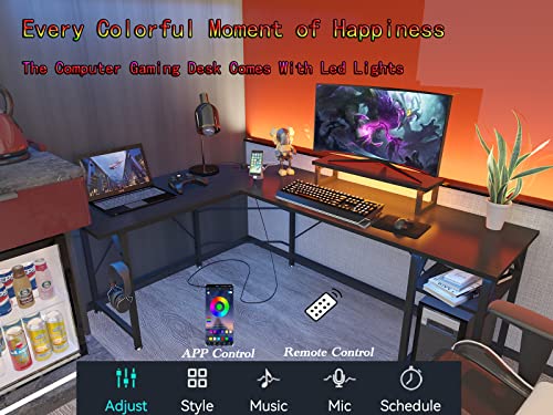 SZXKT L Shaped Computer Desk with Monitor Stand and Power Outlets,Gaming Desk with Storage Shelf and LED Lights,Home Office Reversible Corner with Hooks (Black)