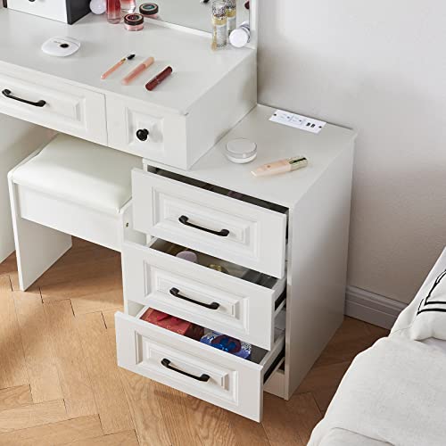 YAMISSI Vanity Desk with Mirror and Lights, USB Charging Station Vanity Table Set with Cushion Stool, Hollywood Dressing Table with 6 Storage Drawers, 3 Colors LED Bulbs for Grils and Women