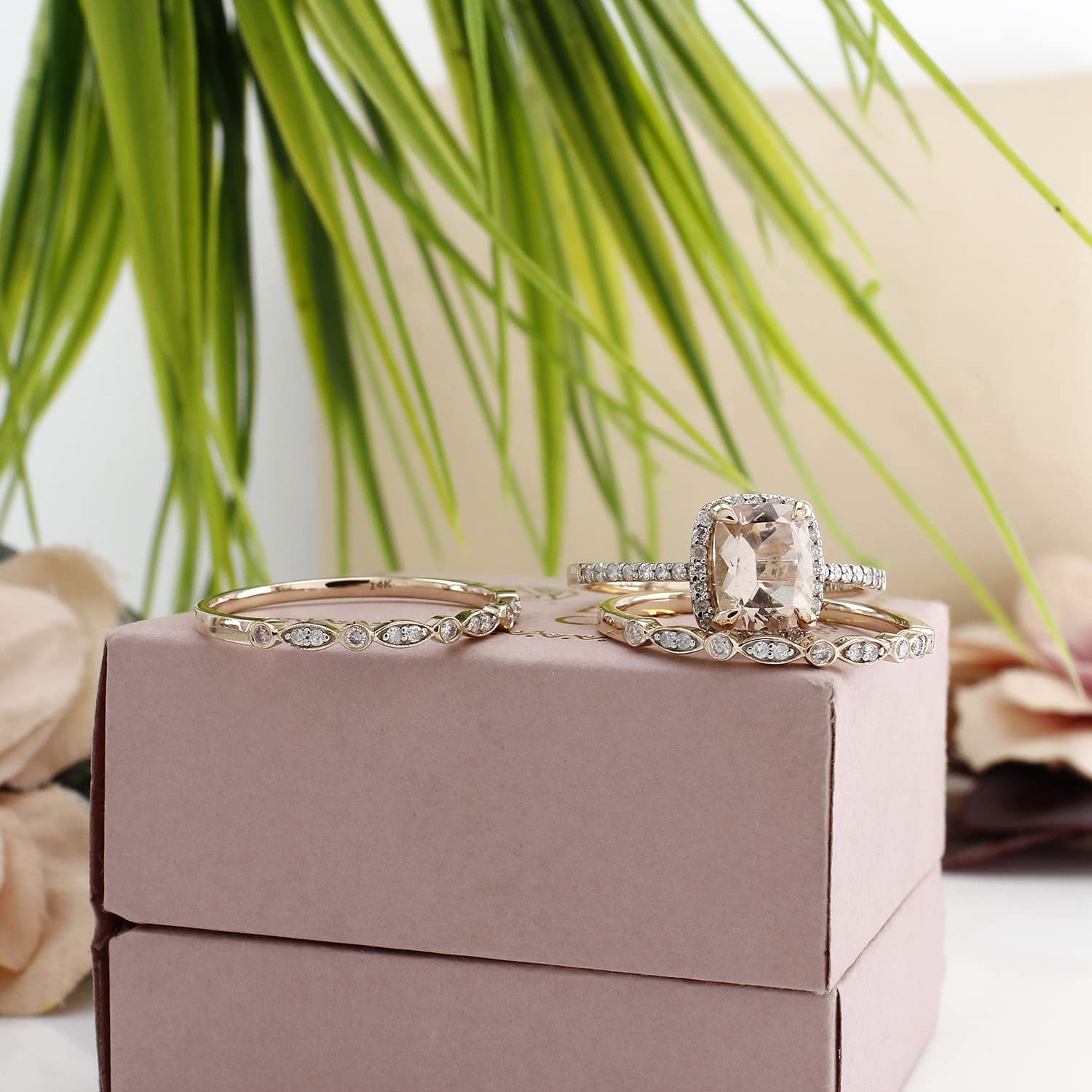 GEMVIO Collection 2 1/3 CT 7X9MM Cushion Cut Morganite Gemstone And Diamond Trio Ring Set in 14K Solid Rose Gold Engagement Anniversary Wedding Ring Set(2.34Cttw)
