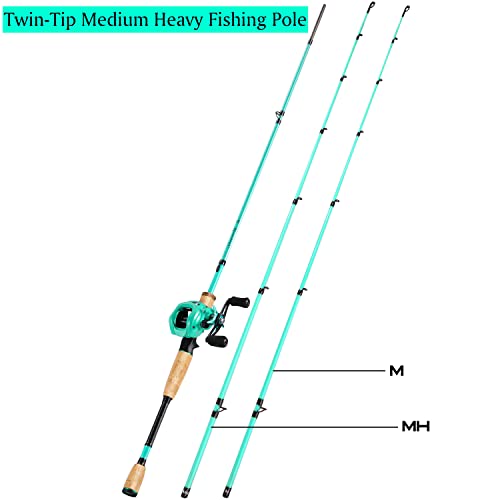 Sougayilang Baitcaster Combo, 2Pc Baitcasting Fishing Rod and Reel Combo, Twin-Tip M/MH Fishing Pole and Baitcasting Reel-Green-6.9ft-Right Handle