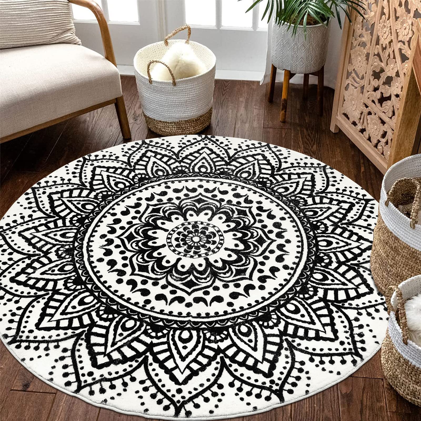 HEBE Boho Round Rugs 6Ft Washable Non Slip Round Area Rug Throw Soft Cute Round Nursery Rug Soft Fluffy Bathroom Rug Circle Rug for Bedroom Dorm Kids Room Nursery