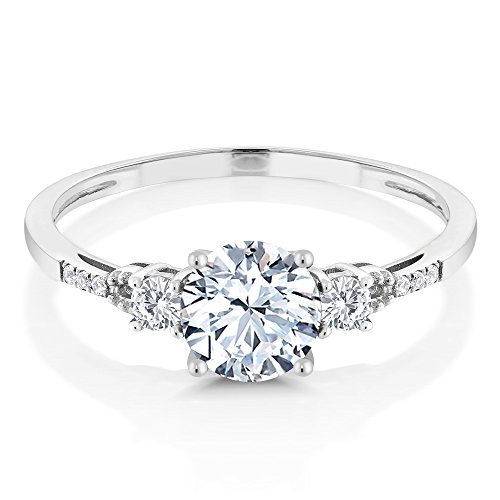 Gem Stone King 10K White Gold 6MM Round Gemstone Birthstone White Created Sapphire & White Diamond Accent 3-Stone Engagement Ring | Three-Stone Wedding Anniversary Promise Ring For Women