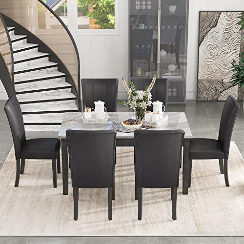 YUNLife 7-Piece Kitchen Dining 6, Faux Marble Rectangular Table with PU-Leather Chairs & 2 Drawers for Living Room, Breakfast Nook, Dinette Furniture Sets, Black59.7βx34.5βx30β