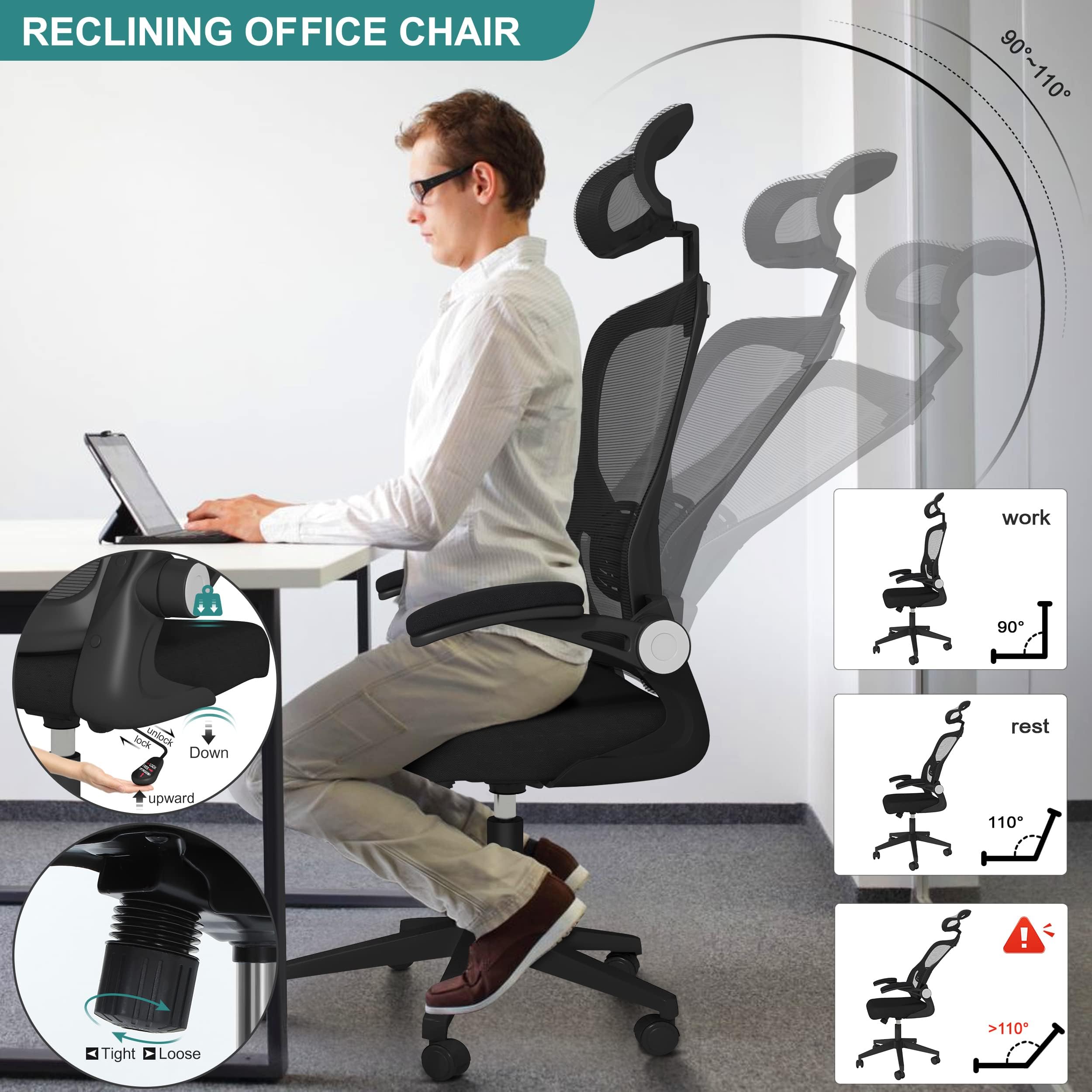 yoyomax Ergonomic Office Chair, High Back GamingChair for Big and Tall People, Adjustable Headrest/Armrests Reclining Comfy Home OfficeChair Lumbar Support Breathable Mesh ComputerChair-Black