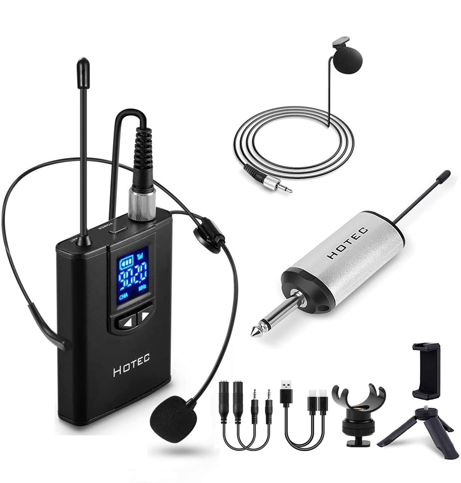 HOTEC Wireless Lapel Lavalier and Headset Microphone System with Mini Rechargeable Receiver for iPhone, PA Speaker, DSLR Camera, Recording, Teaching