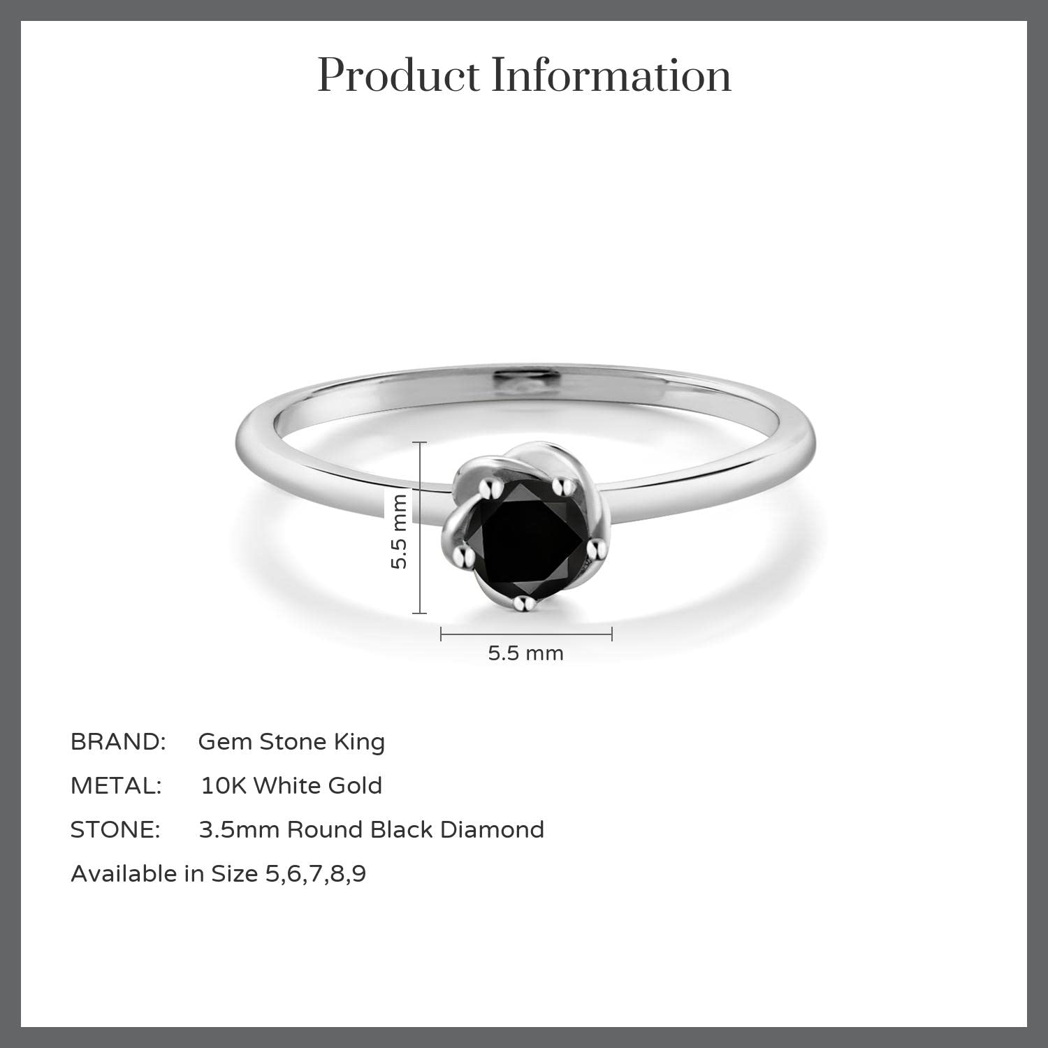 Gem Stone King 10K White Gold Black Diamond Solitaire Engagement Ring For Women (0.17 Cttw, Round Cut 3.5MM, Available In Size 5,6,7,8,9)