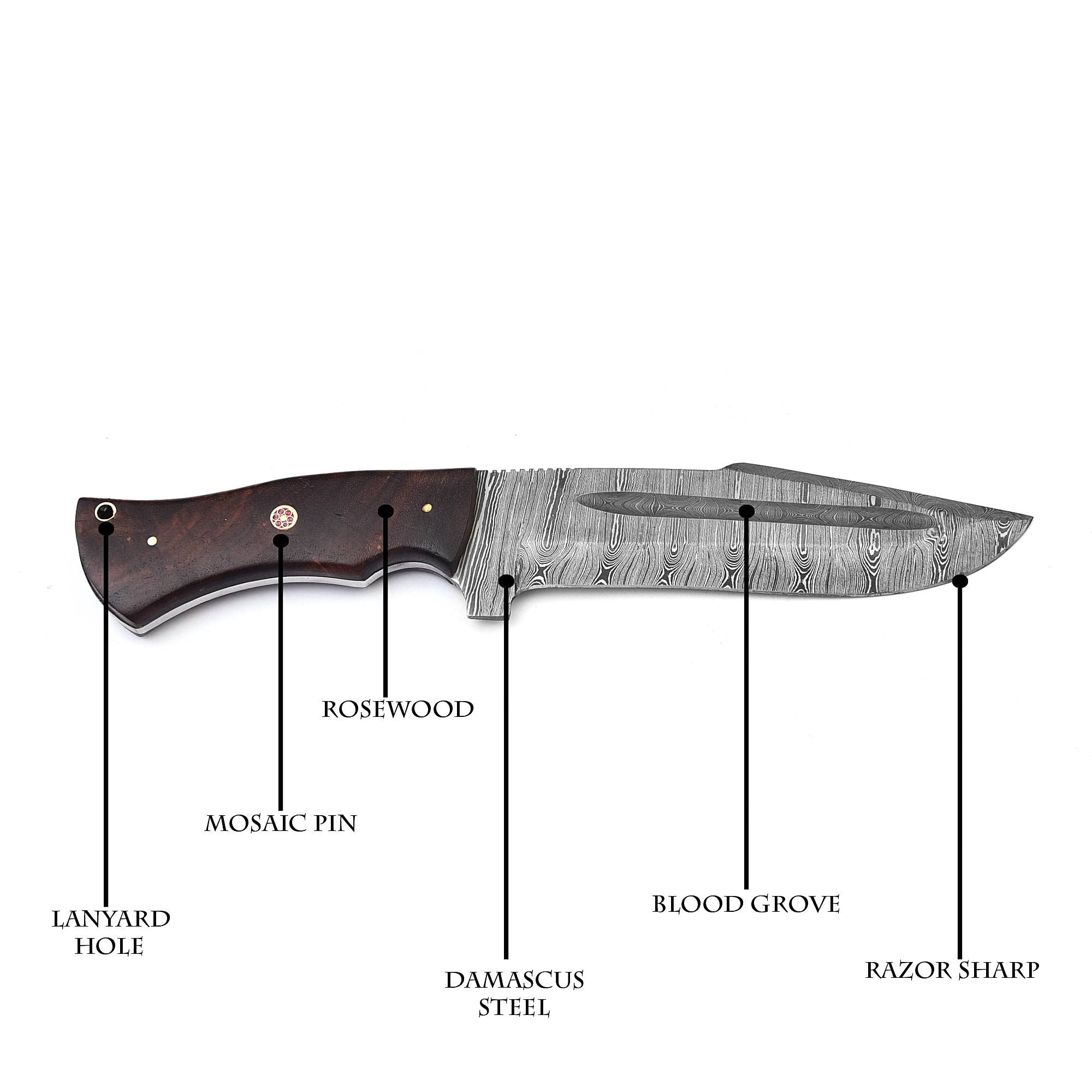 Knife Stack Handmade Damascus Knife for Hunting & Camping | 11 Inches Fixed Blade with Rose Wood Handle Knife with Sheath for Survival & Hunting