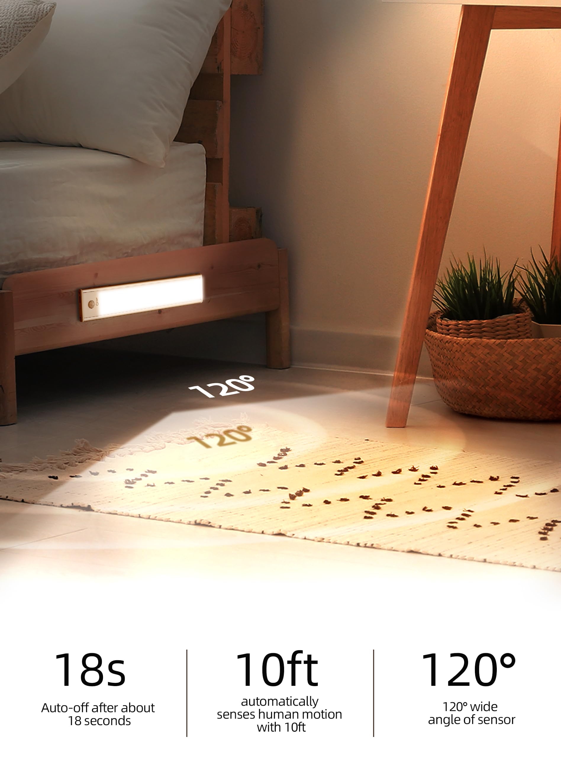 HOKOILN 3Pack 7” Under Cabinet Lights, Magnetic Led Motion Sensor Counter Lights, 1 Color Temperatures Light Bar, Closet Light for Kitchen, Bedroom, Wardrobe, Hallway, Stairs