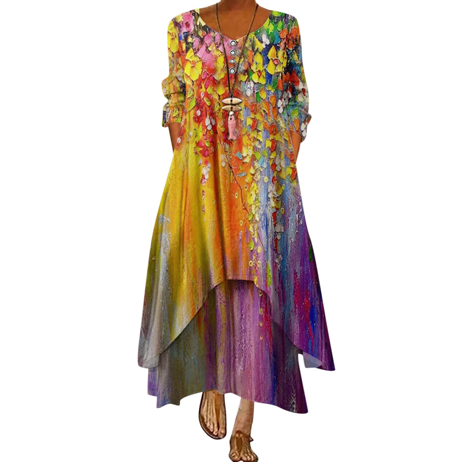Keepfit Graphical Printed Layered Hem V-Neck Maxi Dress for Women Casual Loose Floor Length Dress Orange
