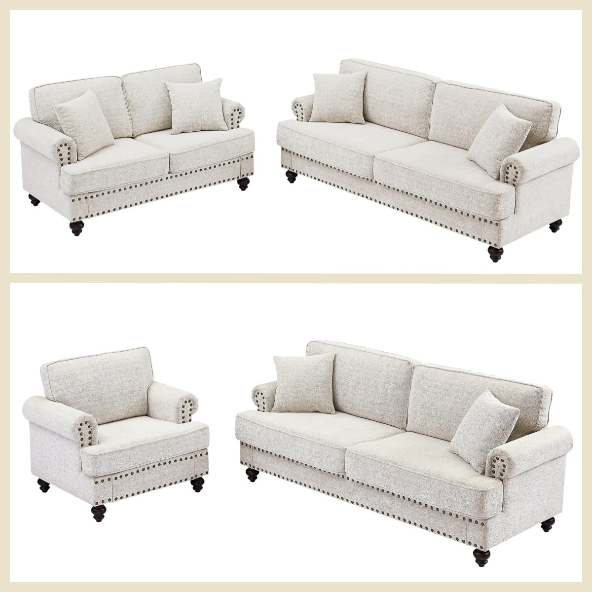 YSJZYBF 61" Chenille Modern Upholstered Sofas Love Seater with Nails and Armrests Mid Century Loveseat Sofas Modern Couch Couches for Living Room Apartment Office Bedroom White