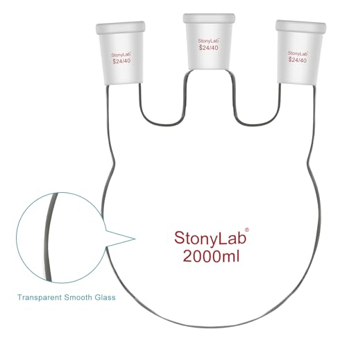 stonylab Round Bottom Flask with 3 Straight Neck-24/40 Standard Joints, 2000 ml High Borosilicate Glass, Ideal for Chemistry, Laboratory, Scientific Experiments, Distillation, and Reflux Applications