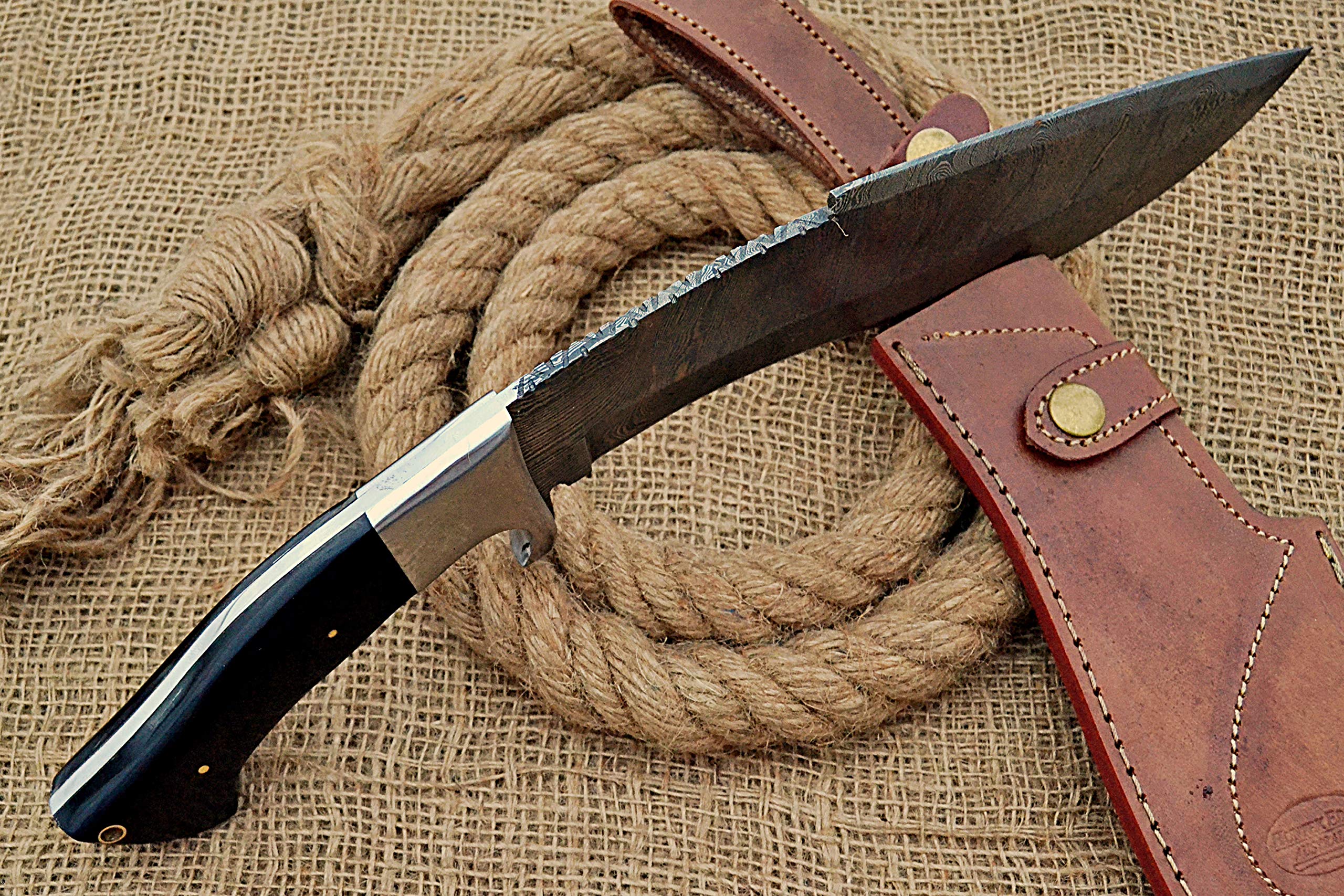 HUNTEX Handmade Hand-Forged Twist Pattern Damascus Steel 15 Inch Long Full Tang Natural Buffalo Horn Handle Razor Sharp Hunting Camping Kukri Knife w/Genuine Leather Sheath