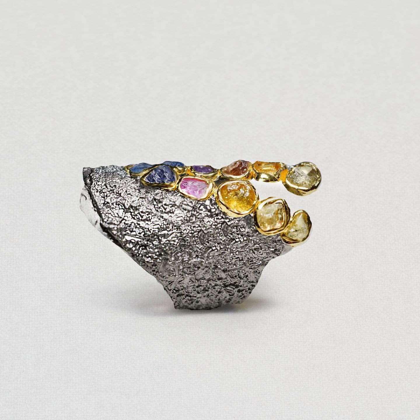 german kabirski 6.5 Carat Rough Sapphire Mixed Multicolor Handmade Ring in 925 Sterling Silver Plated with Gold and Black Rhodium Size 8.5