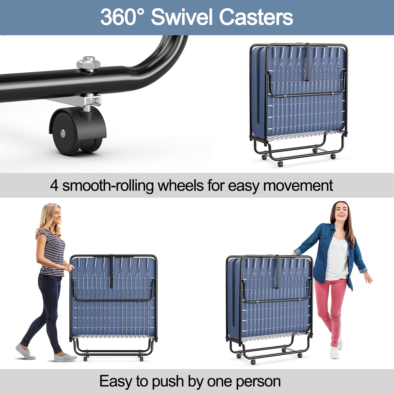Giantex Folding Bed with 4" Mattress for Adults, Made in Italy, Twin Size Roll away Portable Guest Bed, Memory Foam Mattress, Foldable Bed w/Metal Frame on Wheels, Easy to Store, Blue