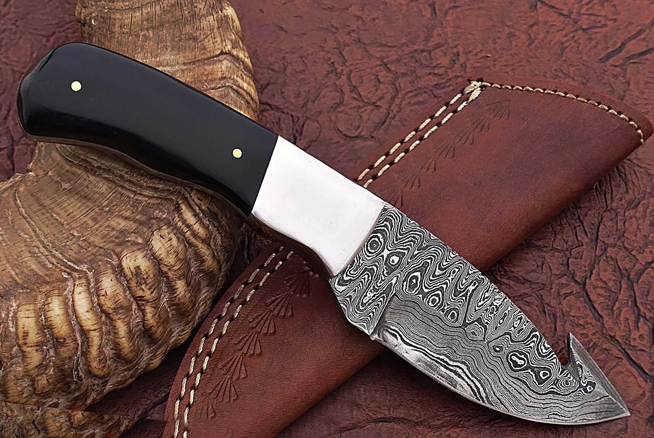 HUNTEX Handmade Hand-Forged Ladder Pattern Damascus Steel 8 Inch Long Full Tang Natural Buffalo Horn Handle Razor Sharp Hunting Camping Gut Hook Knife w/Genuine Leather Pouch