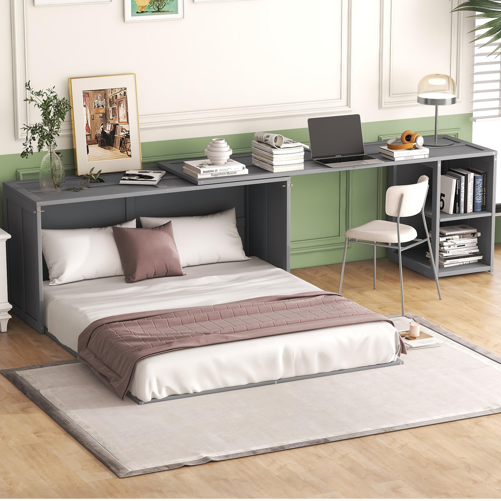 FurniFusion Queen Size Murphy Bed with Rotable Desk and Shelves, Space-Saving Foldable Chest Platform Bedframe, Hiddenbed Cabinet for Multipurpose Guest Room Home Office Bedroom, Gray