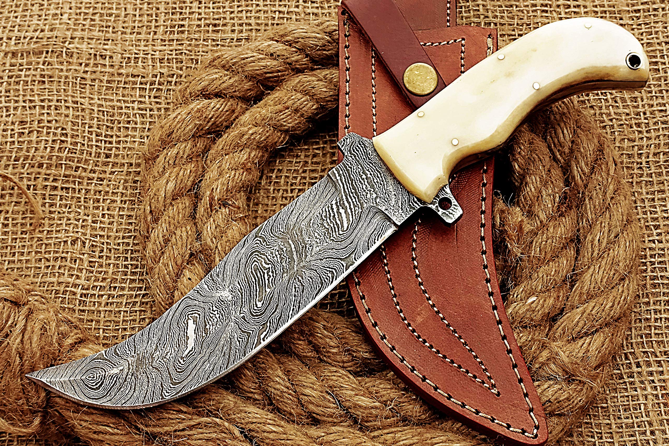 HUNTEX Handmade Hand-Forged Twist Pattern Damascus Steel 11 Inch Long Full Tang Camel Bone Handle Razor Sharp Hunting Camping Trail Knife w/Genuine Leather Sheath