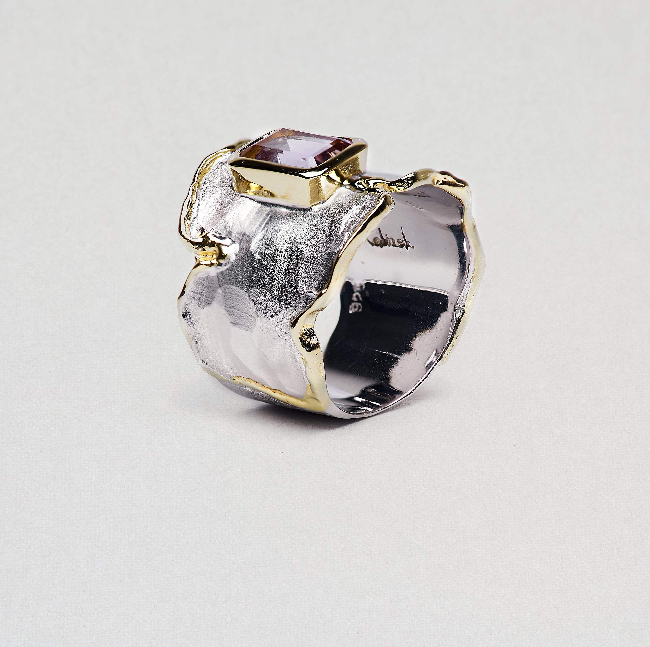 german kabirski 1.30 Carat Purple Amethyst Handmade Barrel Ring in 925 Sterling Silver with Gold and White Rhodium Plating Size 7