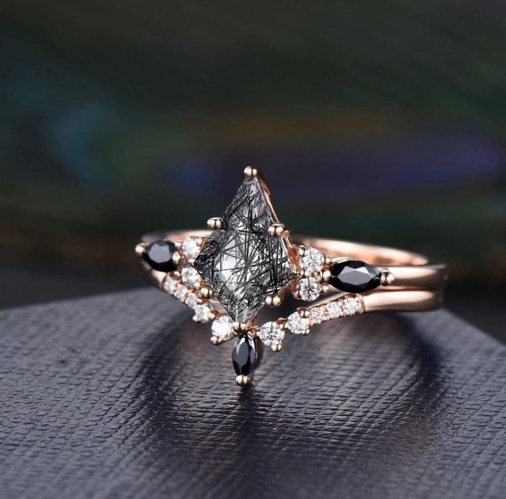 kite cut Black rutilated quartz ring rose gold silver engagement ring set for women ring marquise cut black spinel promise ring (ROSE GOLD, 6)