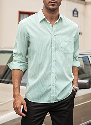 JMIERR Mens Slim Fit Casual Button Down Dress Shirts Pinpoint Stripe Long Sleeve Fall Shirt US 37.5(S),Green