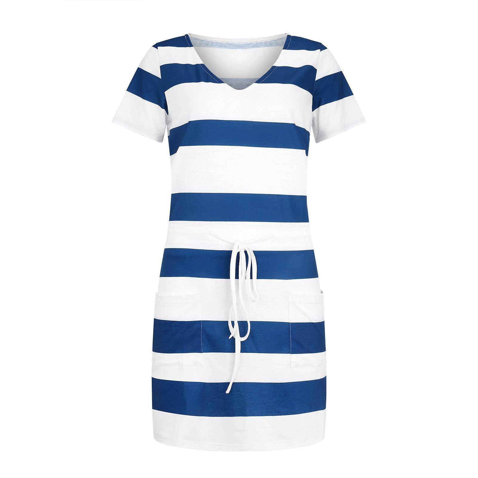 Keepfit Women V Neck Short Sleeve Mini Dress Striped Printed Pockets Drawstring Casual Loose Dress Navy