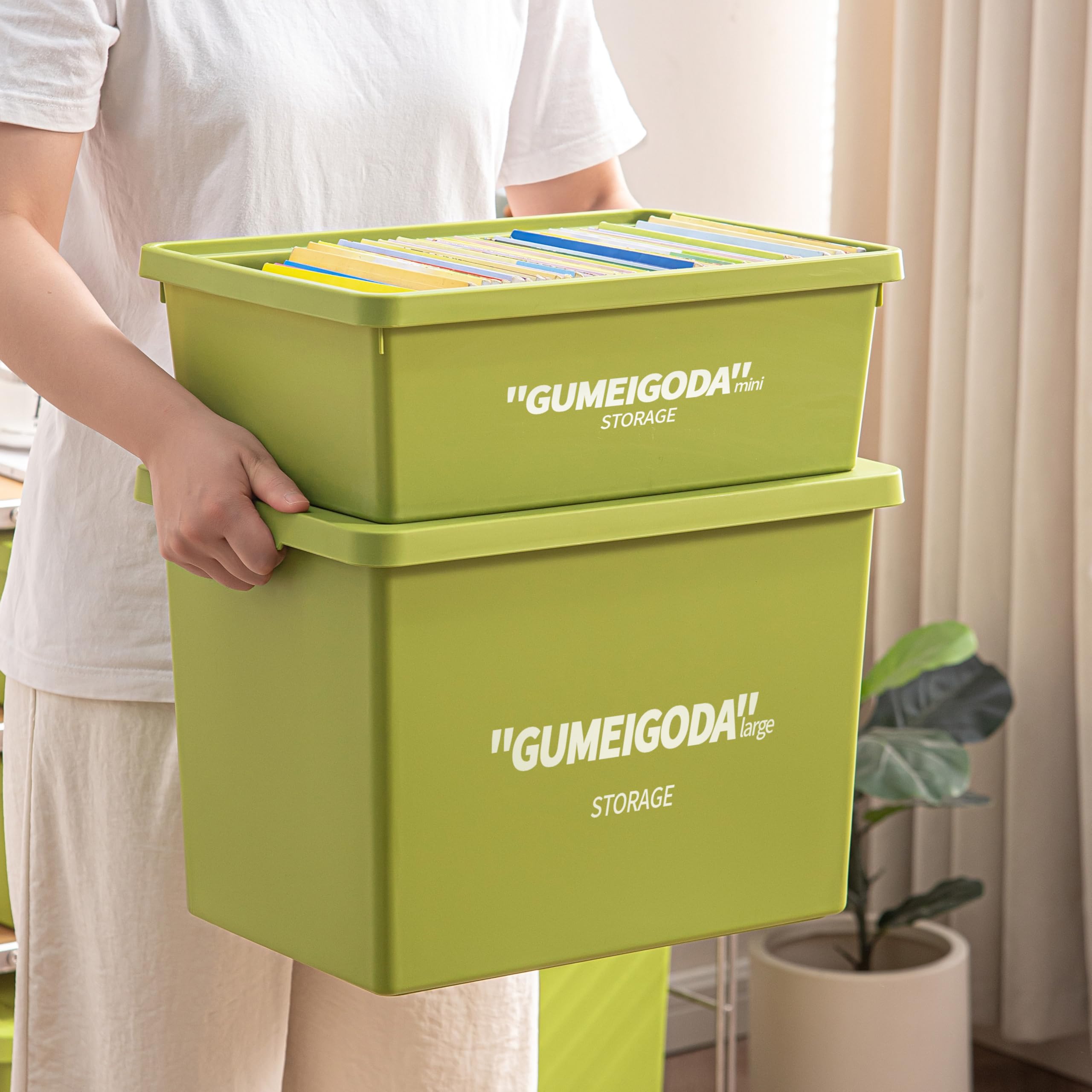 Storage Bins With Lids Set of 4, Green Stackable Boxes,Lid Buckles Bins,Garage container,Shelves, Office,Bedroom,Outdoors Plastic Storage Box for Organizing clothes,books,snacks,sundries(Green,4M)